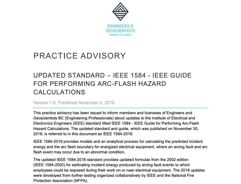 EGBC Issues IEEE 1584 2018 Edition Practice Advisory EGBC Issues IEEE 1584 2018 Edition Practice Advisory
